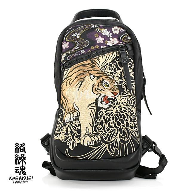 和柄 刺繍 桜 ボディバッグ ショルダーバッグ 鞄 かばん(虎ブラック黒) 234910