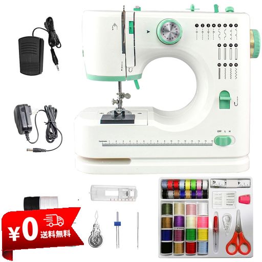 JUNHOTAI ミシン コンパクト 単針・二本針兼用 電動ミシン ミシン アップグレード静音モーター PSE認証済み 家庭用電動ミシン 日常手作り縫い 16種の縫い目 足踏みと手動2WAY操作可能 返し縫…
