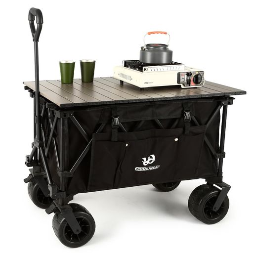 コンパクトな屋外キャンプガーデン折りたたみ式ヘビーデューティーワゴンカート、太いホイールとテーブルプレート付き-くろ