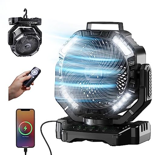 キャンプ 扇風機 充電式扇風機 40000MAH大容量 最大136時間連続使用 風量4段階調節 DCモーター 静音 TYPE-C充電式 吊り下げ タイマー機能 自動首振り リモコン付き 32枚高輝度LEDライト搭載 小型…
