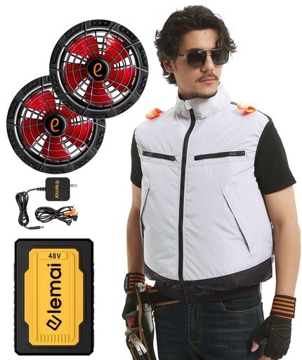 [ELEMAI] 2025年NEWモデル フアン付きベスト48V高電圧出力 遮熱-15°Cチタンウェア ファンバッテリー セット 空気調節作業服(XL, シルバー)