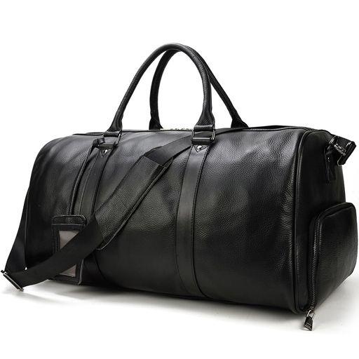 ボストンバッグ 本革 メンズ 大容量 トラベルバッグ 2泊3日 ゴルフバッグ 靴入れ付き 底鋲付き 2WAY 手提げバッグ レザー ショルダーバック 修学旅行 帰省鞄 出張用 55CM (ブラック)