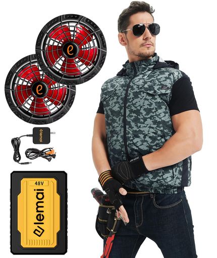 [ELEMAI] 2025年新モデル フアン付きウェア チタンベスト高電圧出力48V 大容量 ファンバッテリーセット(L, グリーンー迷彩)
