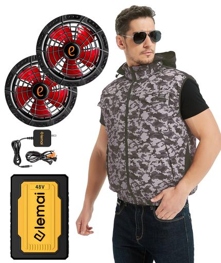 [ELEMAI] 2025年新モデル フアン付きウェア チタンベスト高電圧出力48V 大容量 ファンバッテリーセット(L, グレー迷彩)