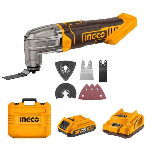 INGCO コードレス マルチツール 1個の2.0AHバッテリーと1個の充電器付き 5000-20000RPM 6段階可変速度 3.2°振動角度 20V振動マルチツール 8個のアクセサリーキット付き CMLI20228