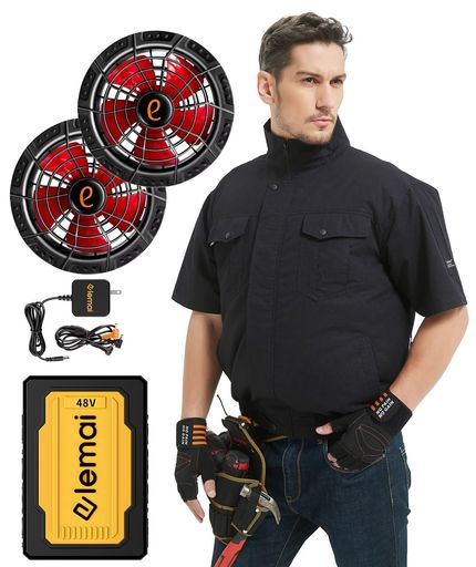 [ELEMAI] 2025年モデル フアン付きウ 遮熱-15°C 作業服 48V高電圧出力 大容量 ファンバッテリーセット急速充電器付き 熱中症対策(ブラック半袖,L)