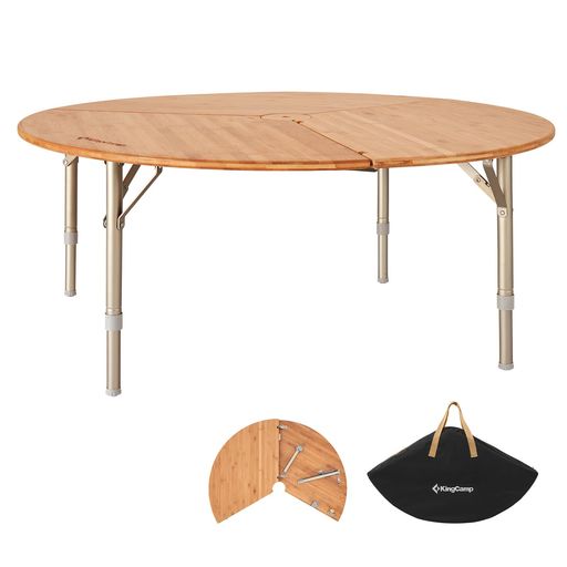 KINGCAMP アウトドア テーブル ワンポールテントテーブル 丸テーブル 高さ調整可能 3折 竹製 キャンプ 折りたたみ ローテーブル コンパクト 収納袋付き 幅95CM 4~6人用アウトドアテーブル 耐…