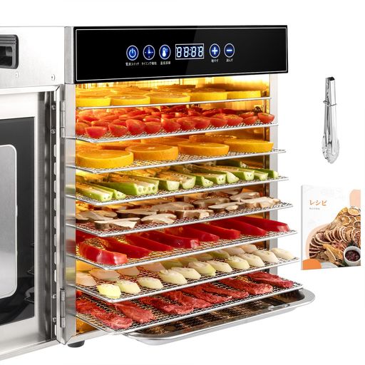 KWASYOフードドライヤー 8層食品乾燥機 ステンレス鋼製 家庭用 業務用 熱風循環 30~90°C 0~24時間自由調節 干小魚 花茶 ジャーキー ペット用おやつ 草薬などの製作 日本語取扱説明書 レシピ同梱