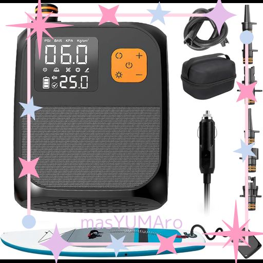 OBEST SUP 電動ポンプ 充電式 25PSI サップ 空気入れ 電動 6つのノズル付き ポータブルポンプ 収納袋付き 12V DC&TYPE-C対応 自動停止 過熱保護 ライト付き サップボード カヤック エアベッド エア…