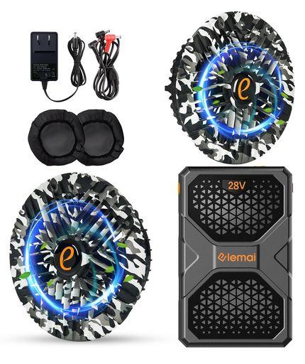 [ELEMAI] フアン付き作業服対応 30000MAH 業界超高電圧出力28V ファンバッテリー セット 猛暑対策 ファン防塵カバー付き(白迷彩*黒羽根)