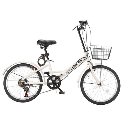 JIEBEIER 自転車 折り畳み自転車 20インチ 7段変速 カゴ ワイヤー錠 ライト付き 防滑タイヤ 高炭素鋼フレーム 軽量 小径車 通勤 通学 街乗り JZXC-06 (2.ホワイト)