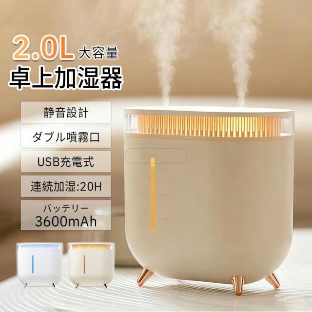 加湿器 小型 卓上 ダブルノズル 2L大容量 空気清浄機 アロマ対応 LEDライト 静音 3段階加湿モード 上部給水式 type-c充電式 乾燥 花粉症対策 寝室 オフィス リビング おしゃれ ギフト
