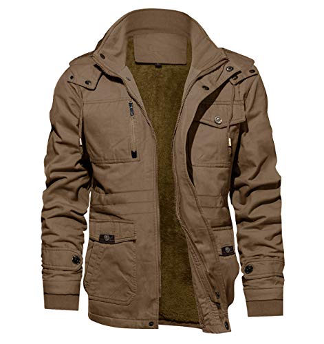 KEFITEVD 防寒コート 無地 フード 付き 上着 メンズ カジュアル ジャンパー 冬物 ボアパーカー カーキ JP M