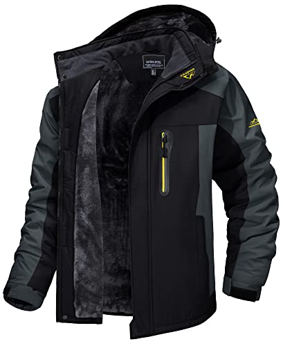 TACVASEN ウンテンジャケット スキーウェア 登山服 メンズ アウトドア ジャケット 裏フリース コート 防水防風 黒灰 L
