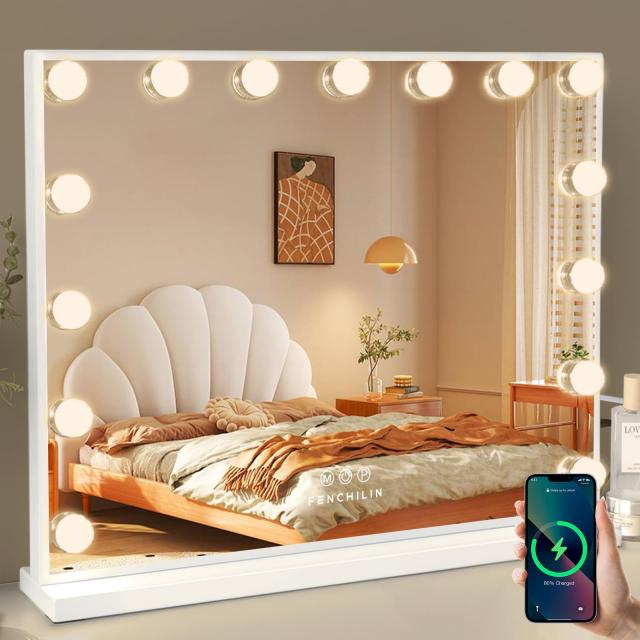 FENCHILIN 化粧鏡 女優ミラー ハリウッドミラー 壁掛け/卓上両用 USBポート付き 三色照明モード 無段階調光 15個LED電球付き 10倍拡大鏡