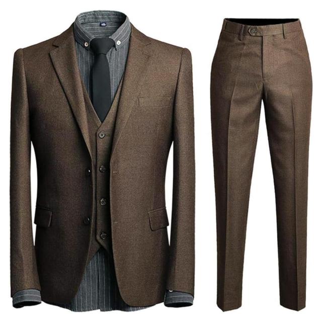 YFFUSHI スーツ メンズ 3点セット ジャケット スラックス ベストチェック ビジネス カラバリ豊富 (ブラウン,XL)