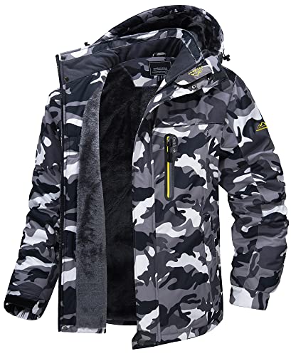 TACVASEN マウンテンパーカー メンズ 登山服 フリースジャケット フード付き スキージャケット 裏起毛 多機能 黒迷彩 XL