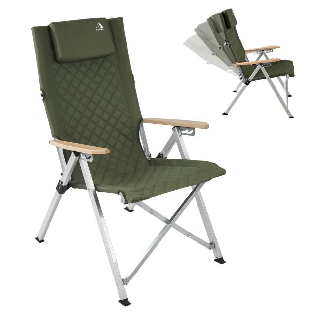 ARURUキャンプ用リクライニングチェア、ヘッドレスト付き4段階傾斜ハイバック椅子、コンパクトに折りたたみ可能なアウトドアチェア、そし