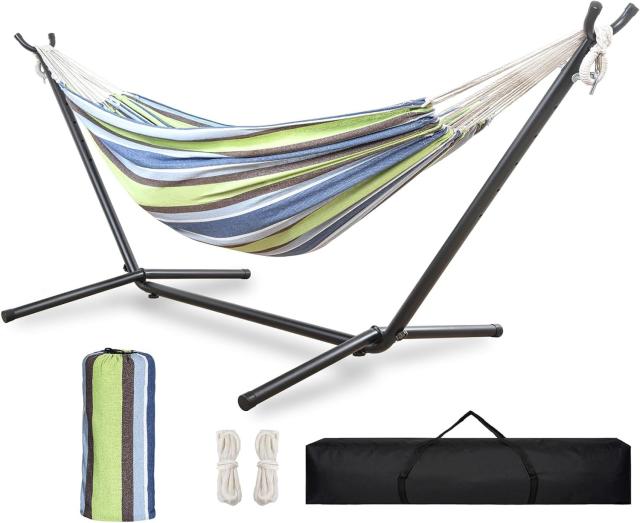 TORIBIO ダブルハンモック 自立式スタンド 耐重荷250kg 室内 屋外用 収納バッグ付き アウトドア キャンプ 公園 部屋 (ブルー)