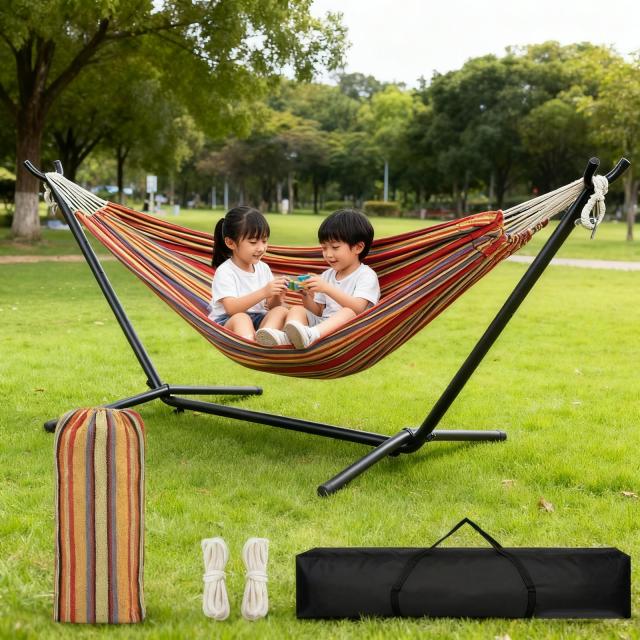 TORIBIO ダブルハンモック 自立式スタンド 耐重荷250kg 室内 屋外用 収納バッグ付き アウトドア キャンプ 公園 部屋 (レッド)