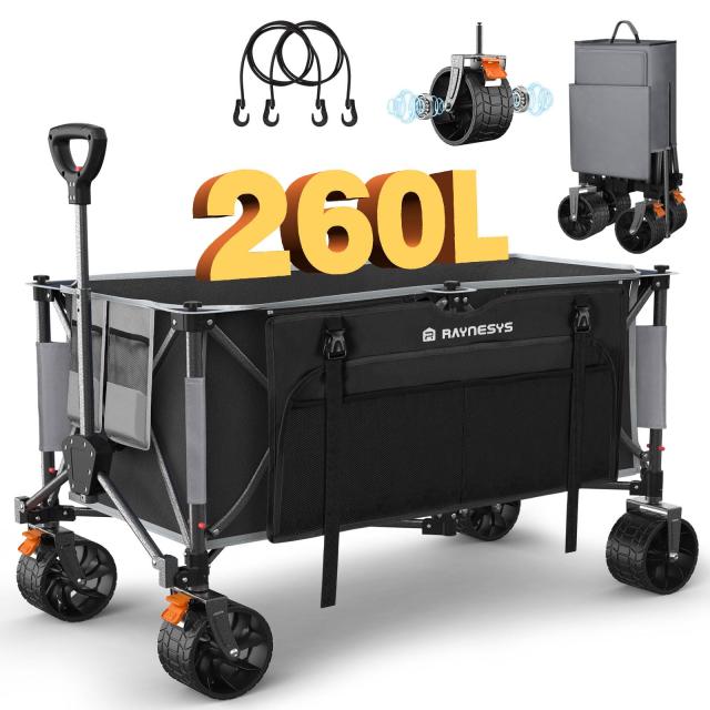 Raynesys キャリーワゴン 大容量260L 耐荷重200kg アウトドアワゴン 折り畳み式キャンプカート ワンタッチ収束式 自立収納 静音 ブレーキ