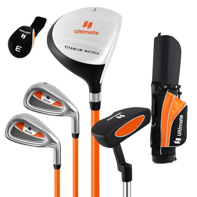 GYMAX ジュニアゴルフセット 子供用 ゴルフセット キッズ ゴルフ クラブ4本 右利き用 カバー付き キャディバック付き 初心者 (オレンジ,