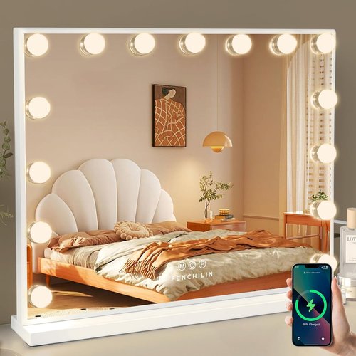 FENCHILIN 化粧鏡 女優ミラー ハリウッドミラ 15個LED電球付き 10倍拡大鏡付き 58x46cm