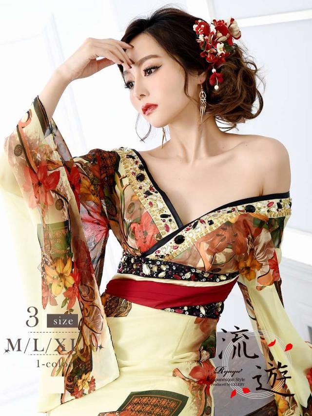 和柄ドレス 流遊  花魁 和柄ドレス シフォン 着物ドレス 百合柄 花魁 コスプレ 花魁コスプレ 衣装 着物ドレス 着物 和柄ド