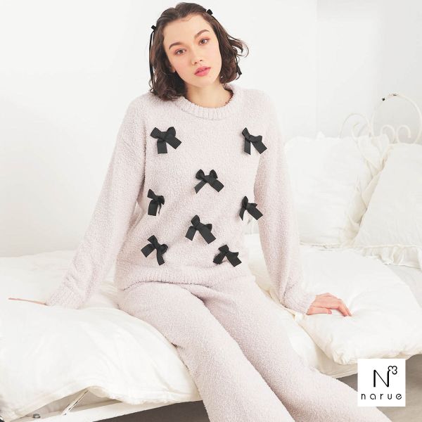 ナルエー パジャマ モールニットリボンセットアップ ルームウェア ロングパンツ 長袖 上下セット NARUE 送料無料