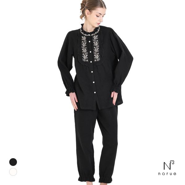 ナルエー パジャマ シュークリームガーゼRアンティーク刺繍パジャマ ルームウェア 上下セット 長袖 NARUE 送料無料