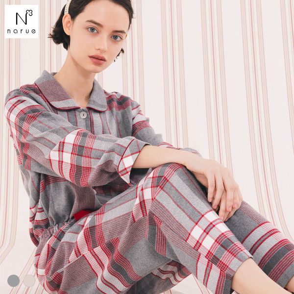 ナルエー パジャマ コットンフランネルチェックシャツパジャマ ルームウェア 上下セット 長袖 ロングパンツ NARUE 送料無料