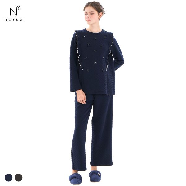 ナルエー パジャマ 裏綿接結（綿入り）ハートジャガードフリルパジャマ セットアップ 上下セット ルームウェア 長袖 Narue 送料無料