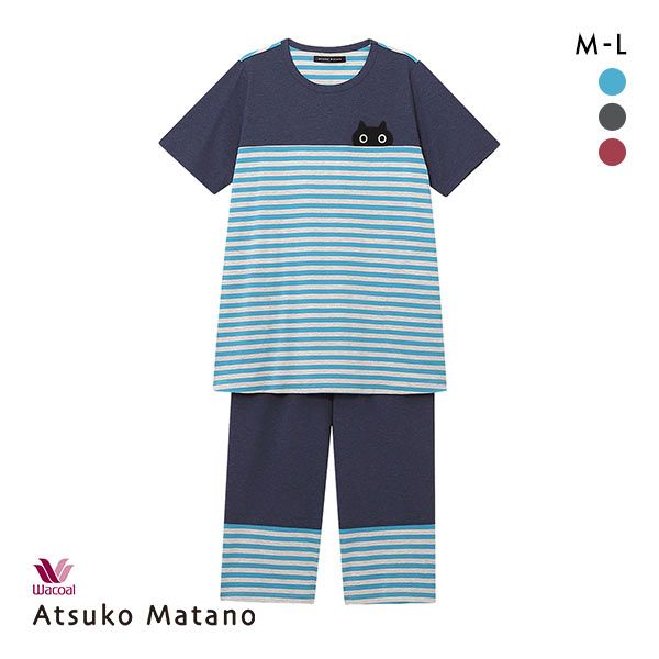 ワコール Wacoal マタノ アツコ ATSUKO MATANO ネコ ボーダー パジャマ ML 綿100％ ナイティ パジャマ 上下セット 25%OFF 送料無料