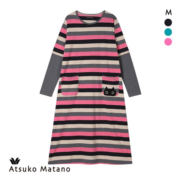 ワコール マタノアツコ ワンピース ルームウェア パジャマ マルチボーダー 綿100％ ねこ Wacoal ATSUKO MATANO 20%OFF 送料無料