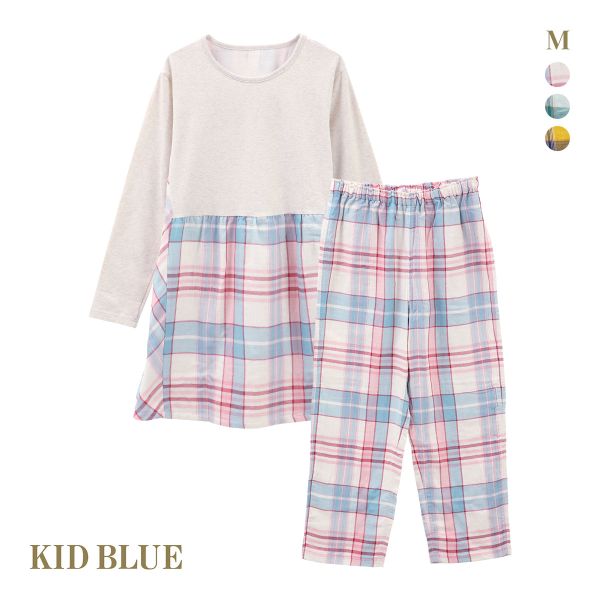 ルームウェア 長袖 上下セット レディース キッドブルー 24トリプルガーゼチェック ネグリジェ パンツ ナイティ KID BLUE 送料無料