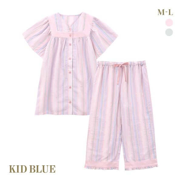 キッドブルー 25CRサッカーストライプ 半袖 ルームウェア ロングパンツ 上下セット パジャマ KID BLUE 送料無料