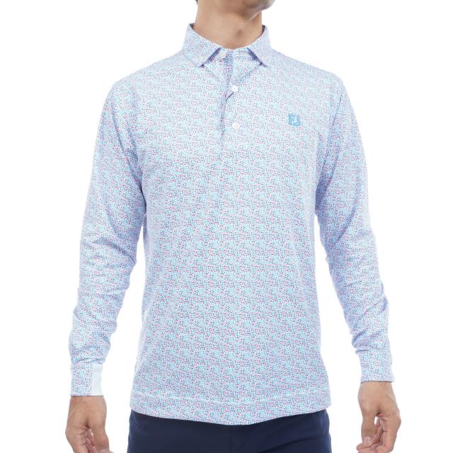 フットジョイ　Foot Joy　ストレッチ ブロックゲームプリント ボタンダウン長袖ポロシャツ