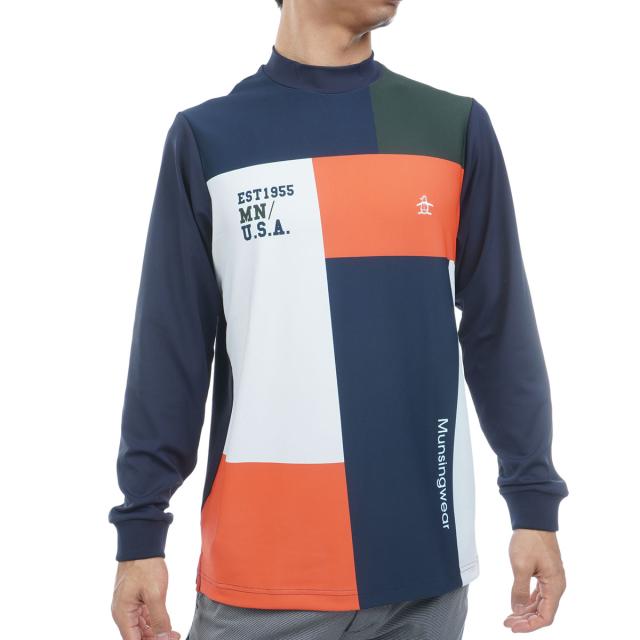 マンシングウェア　Munsingwear　ストレッチ 裏起毛 ブロッキングプリントモックネック長袖シャツ