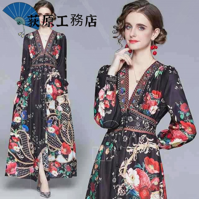 再入荷リクエスト殺到 売上急増中 即納OK 数量限定中 おしゃれ 買い逃し注意 袖あり ドレス 長袖 個性的 パーティードレス レトロ ワンピース Vネック ワンピドレス カジュアル 在庫わずか 花柄 黒 ロング