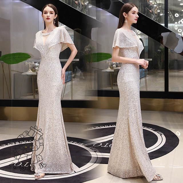 家中時間充実化 店長太鼓判 話題商品 着痩せ セクシー マーメイドドレス スリム シルバー タイトドレス マーメイドライン 売上急増中 ロングドレス ナイトドレス 在庫わずか パーティードレス シャンパン色 お買い得プライス