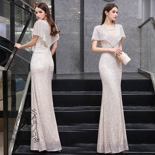 家中時間充実化 店長太鼓判 話題商品 着痩せ セクシー マーメイドドレス スリム シルバー タイトドレス マーメイドライン 売上急増中 ロングドレス ナイトドレス 在庫わずか パーティードレス シャンパン色 お買い得プライス