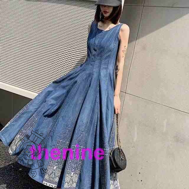 季節限定アイテム 毎日使える便利品 レディース 4L ロングワンピース 夏 刺繍 新登場 レビュー高評価 ロング丈 ワンピース カジュアル 3L ノースリ 大きいサイズ デニム フレアスカート マキシワンピース ライン 今だけ 送料無料実施中