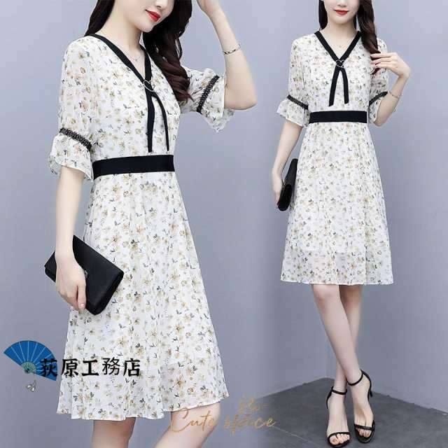 注目アイテム レディースワンピースきれいめ40代春膝丈ワンピース半袖夏 機能性抜群 収納便利 リボンvネック花柄シフォンオシャレ 韓国風Aラインスカート30代 SNS話題 早い者勝ち 送料無料