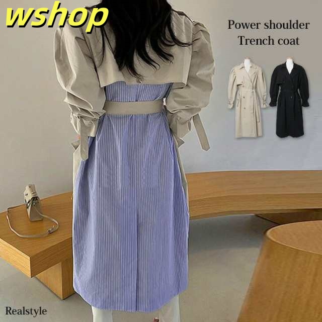 即納OK 売上急増中 おしゃれ レディース 大きいサイズ きれいめ アウター 無地 ゆったり 【wshop 春コート カジュアル 】バックストライプ切替パワーショルダートレンチコート 大きめ 上品 ロング 高見え 薄手 上着 羽織り 秋 シンプル 在庫わずか