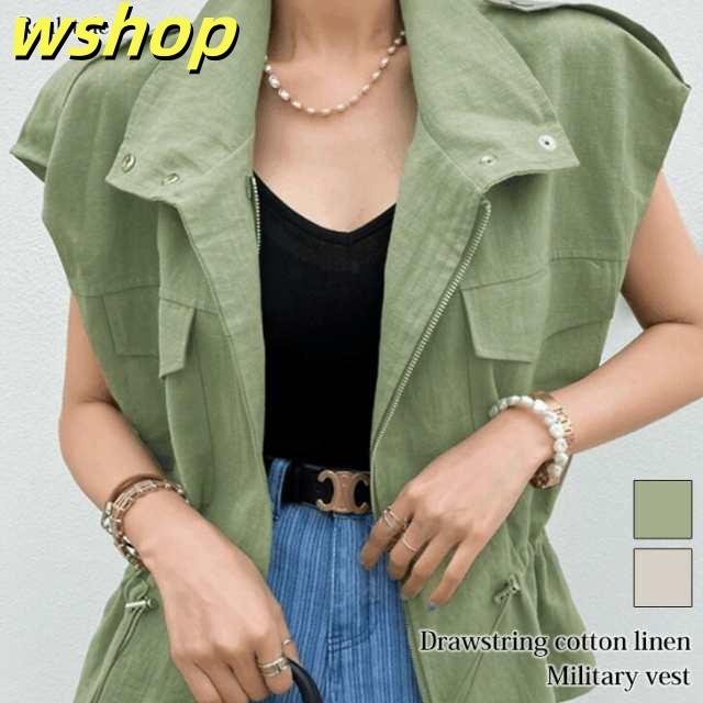 即納OK 売上急増中 トップス 秋 レディース 楽ちん ライトアウター 袖なし 】コットンリネンドローストリングミリタリーベスト 上着 綿混 前開き 無地 レイヤード ノースリーブ ジャケット 羽織り カジュアル 重ね着 【wshop シンプル 送料無料
