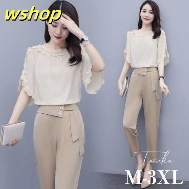 生活快適特集 品質安心 話題商品 通勤OL ベージュ 大きいサイズ 秋 】セットアップ 九分丈パンツ 在庫わずか 春 カジュアル 韓国風 夏 レディース セットアップ シフォン上下セット 売上急増中 半袖ブラウス おしゃれ 【wshop 即納対応中