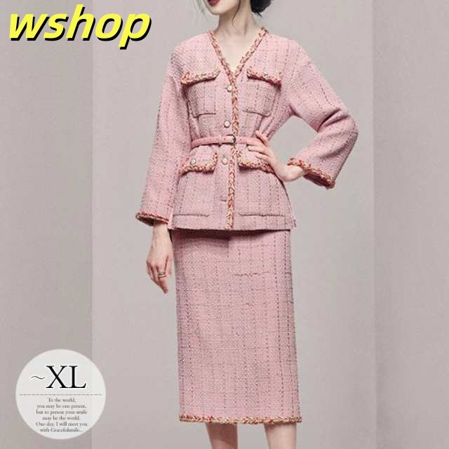 季節限定アイテム 毎日使える便利品 新登場 ピンク 【wshop Vネック セットアップ ミセス おしゃれ 大人エレガント SNS話題 今だけ ナチュラル ツィード調 】スカートスーツ 美人 レディース ジャケット タイトスカート 送料無料実施中