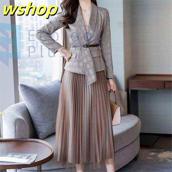 家中時間充実化 品質安心 レビュー高評価 即納OK 【wshop フォーマル 】セットアップスカートスーツレディース2点セット 長袖チェック柄 送料無料 ベルト付きプリーツスカートチュールスカートロング丈洋服 数量限定入荷