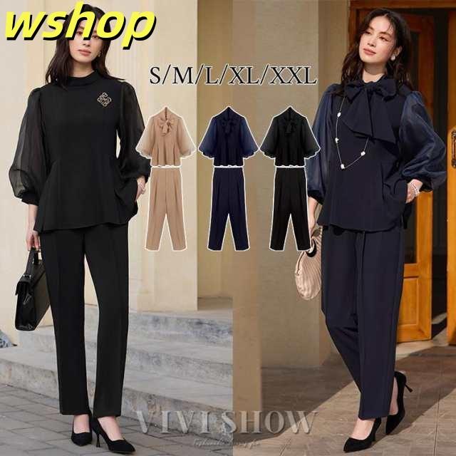 生活快適特集 品質安心 体型カバー シースルー 長袖 】セットアップ ゆったり 売上急増中 スーツ 大人 パンツ レディース 【wshop 送料無料 収納便利 リボン 上品 即納対応中