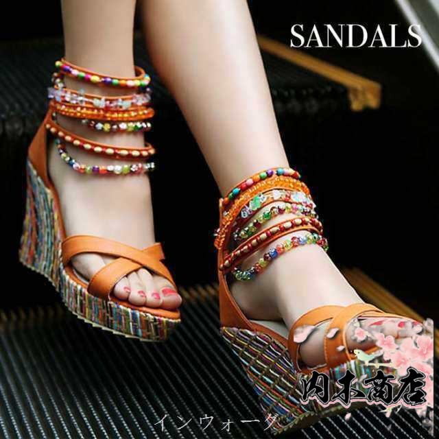 数量限定入荷 おしゃれ 生活快適特集 ギフトにも最適 ビーズ サンダル 春夏コーデ ヒール ウェッジソール カジュアル 収納便利 エスニックサンダル かわいい カラフル 厚底 SNS話題 民族風 モテサンダ 送料無料 クリスマスギフト